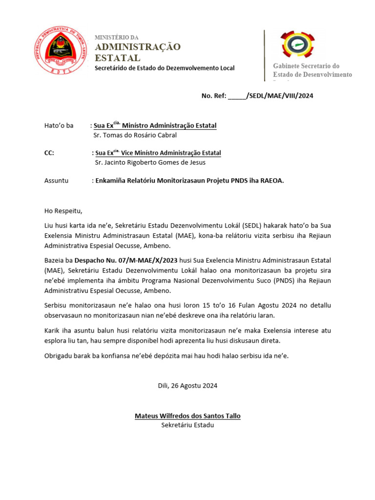 Relatorrio badak_PNDS_RAEOA ba Ministru MAE-082024 | PDF