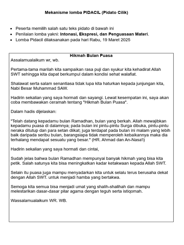 Mekanisme Lomba PIDACIL Kelas 1-3 | PDF
