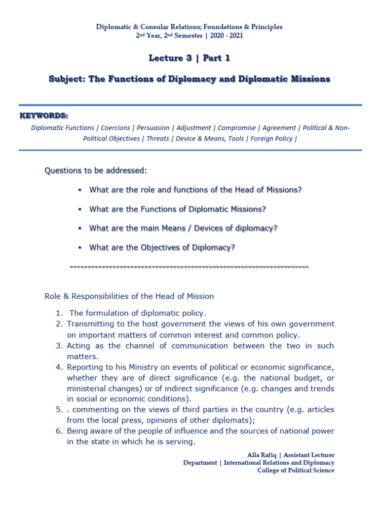 Subject The Functions of Diplomacy and Diplomatic Missions | PDF ...