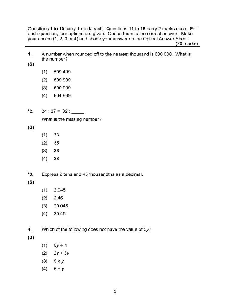 2017 - Mendaki P6 Maths Prelims 2017 Paper 1 Edited | PDF | Mathematics ...