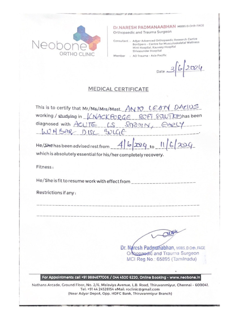 Neobone - Medical Certificate | PDF