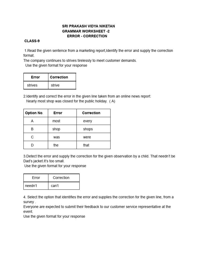 Class 9 (Grammar Worksheet 2) | PDF