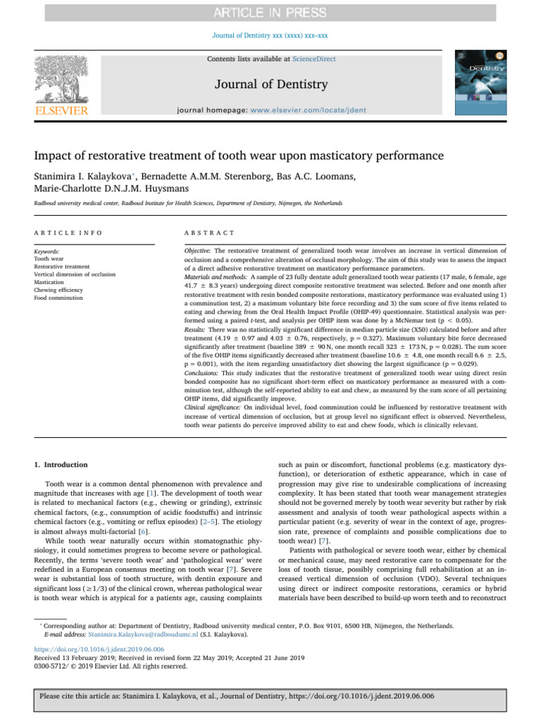 2019 STANIMIRA Impact of Restorative Treatment of Tooth Wear Upon ...