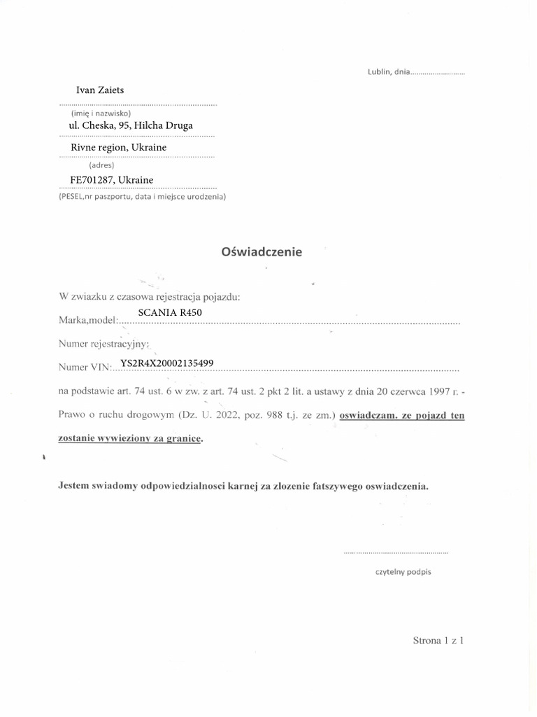 Oswiadczenie o wywoze za granice | PDF