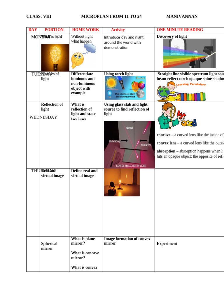 Class 11 T 24 Microplan | PDF | Mirror | Light