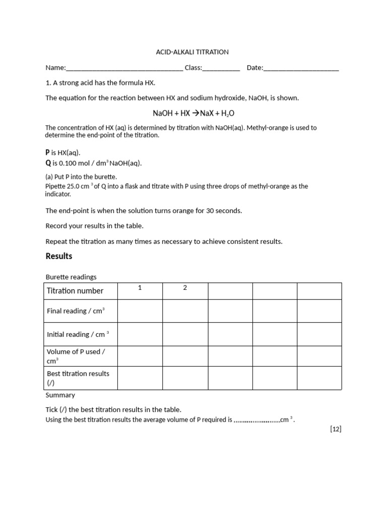 Acid Alkali Titration Worksheet | PDF