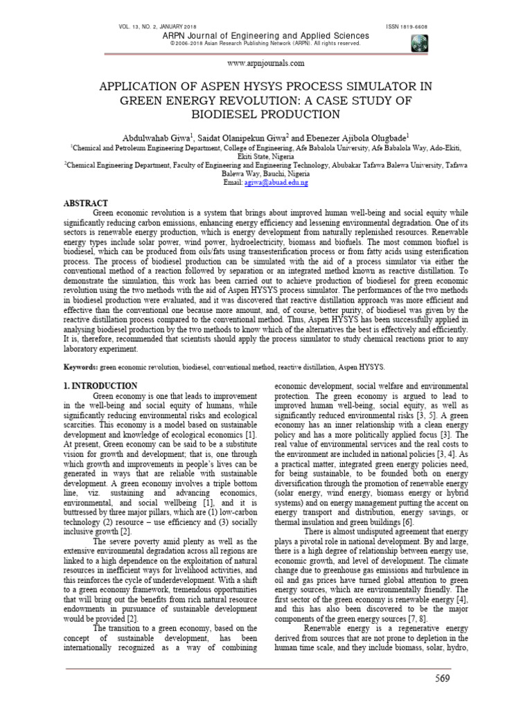 Application of Aspen Hysys Process Simulation Giwa 2018 | PDF ...