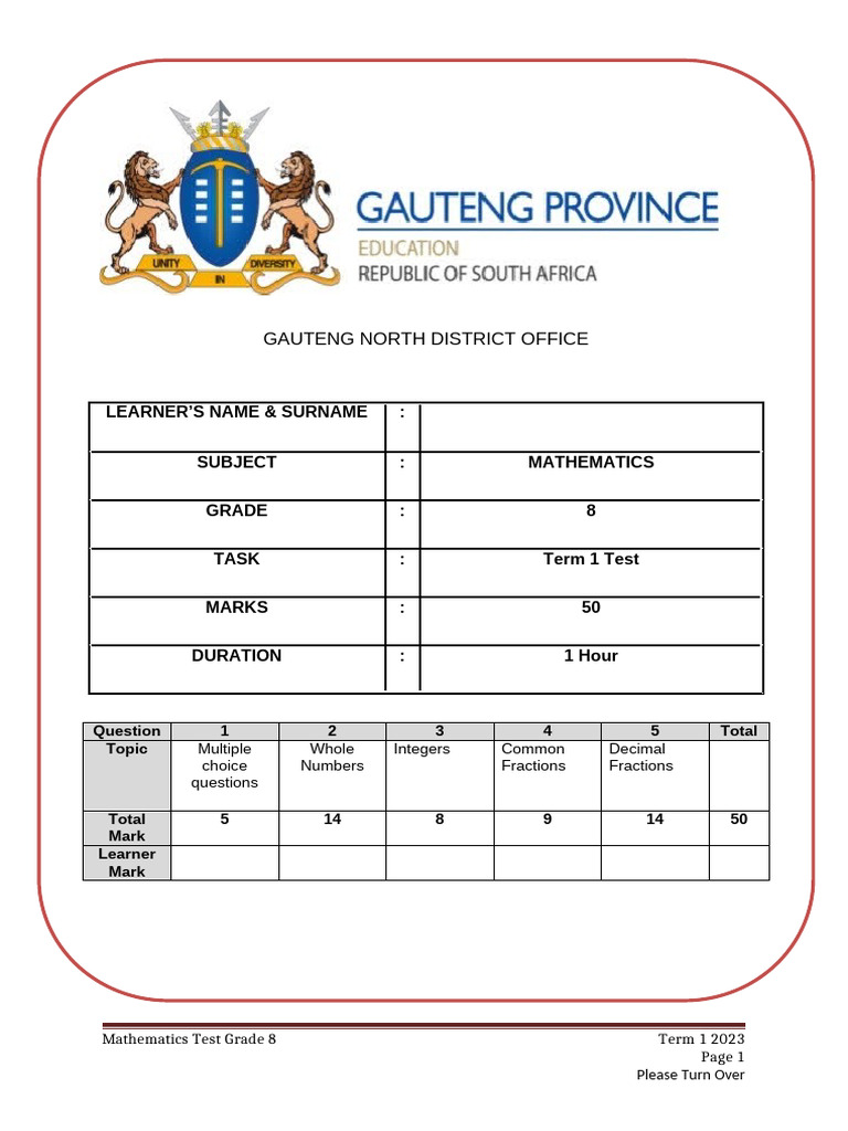 Grade 8 Term 1 Test 2023-2 | PDF | Mathematics | Arithmetic