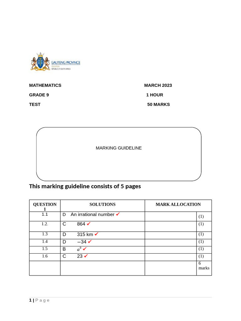 Grade 9 Mathematics Test Solutions | PDF | Mathematics | Numbers