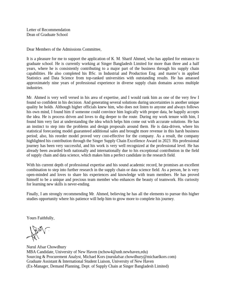 Recommendation Letter Ahmed - K. M. Sharif | PDF | Cognition | Cognitive Science