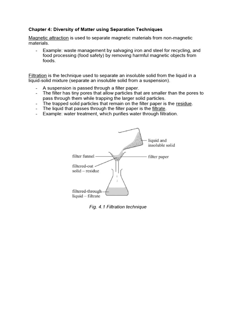 Chapter 4 Diversity Of Matter Using Separation Techniques Notes Pdf Filtration Distillation