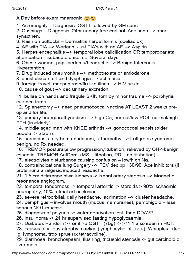 MRCP Part 1 Exam Mnemonics | PDF | Clinical Medicine | Medical Specialties