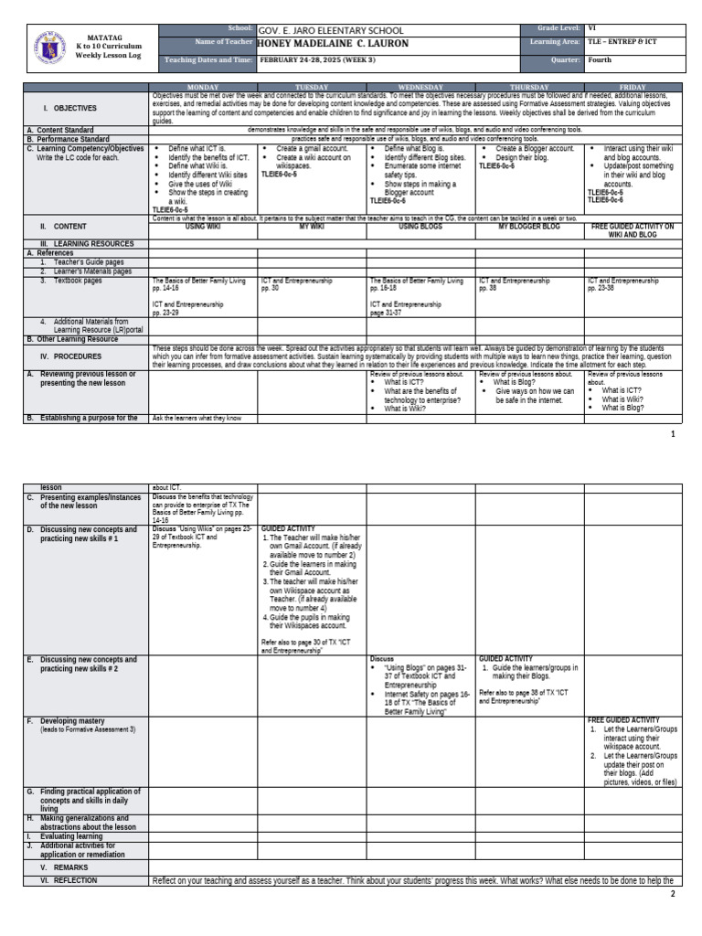 DLL - TLE-ENTREP and ICT 6 - Q4 - W3 | PDF | Educational Technology | Learning