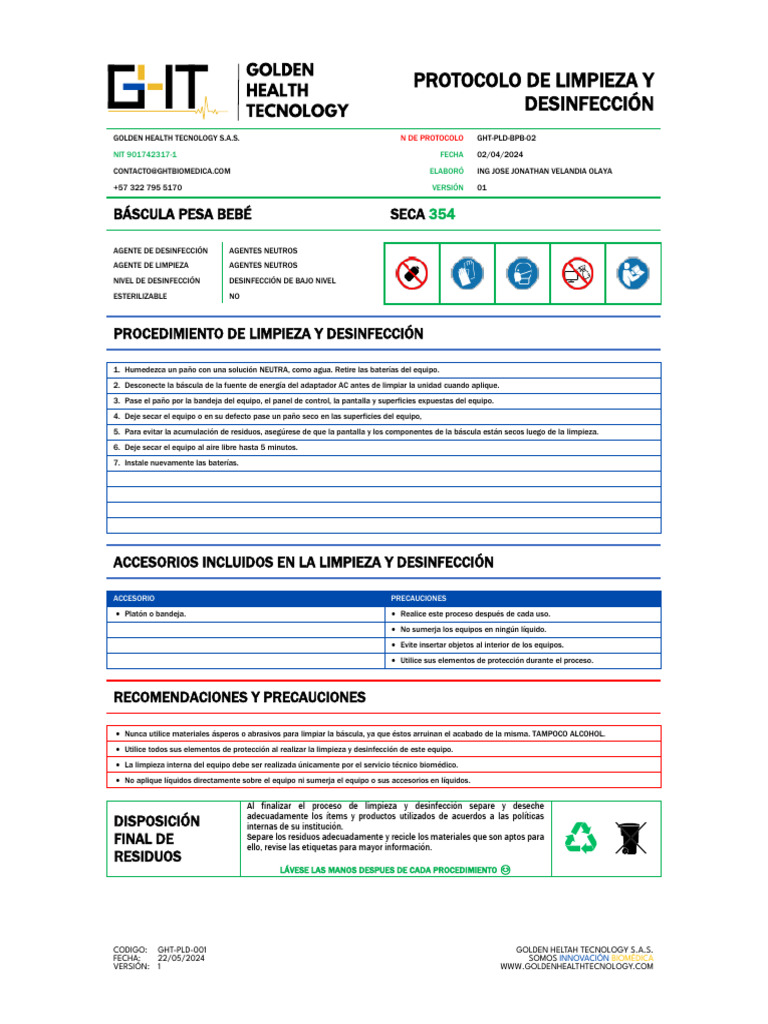 Protocolo de Limpieza y Desinfección Báscula Pesa Bebé Seca 354 | PDF | Materiales