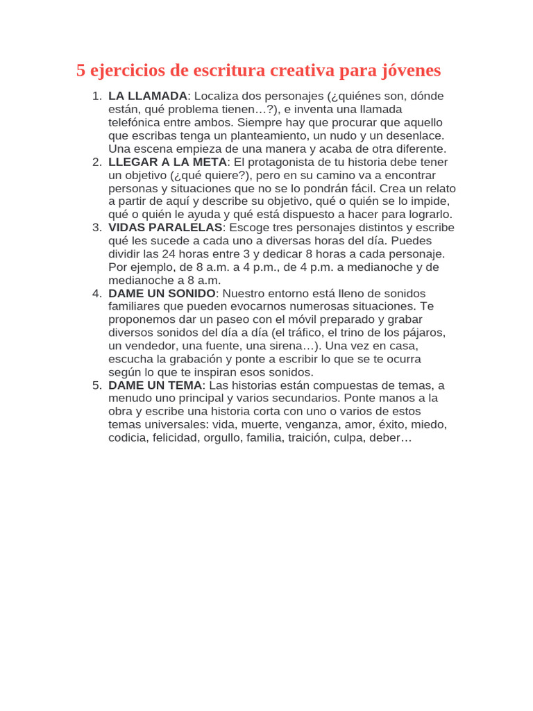 5 Ejercicios de Escritura Creativa para Jóvenes | PDF