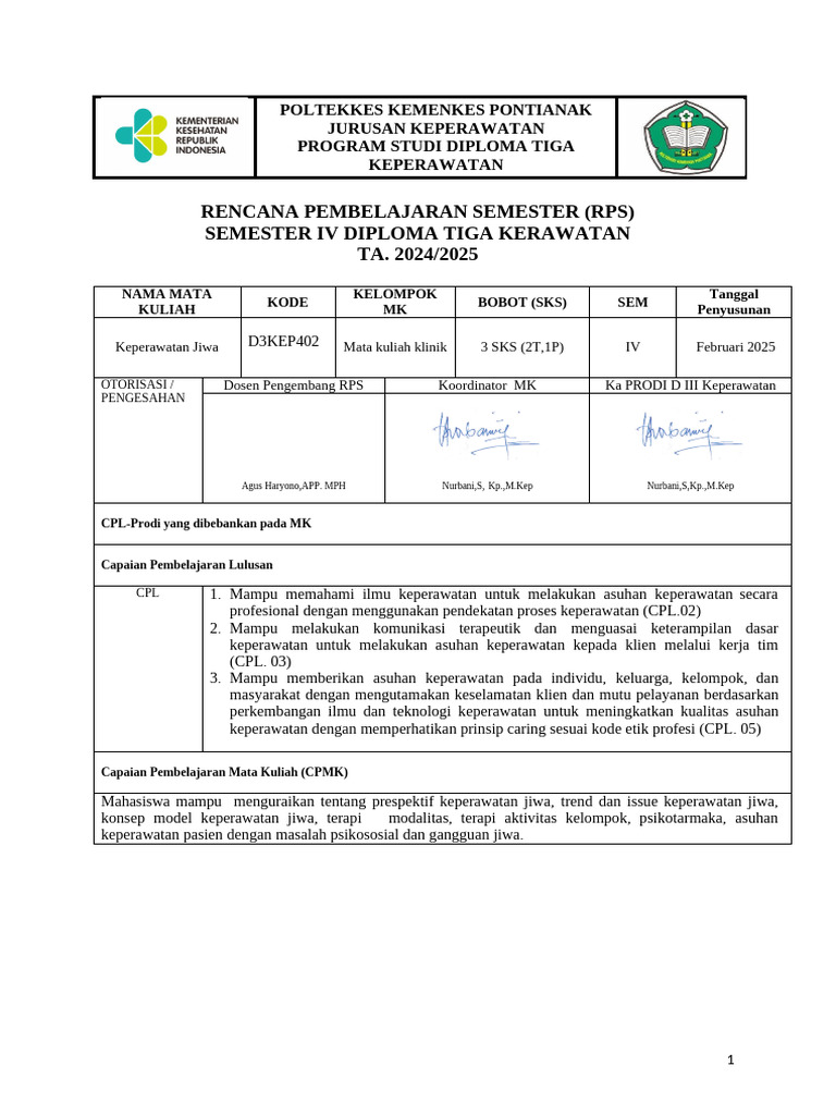 Rps Keperawatan Jiwa 2024-2025 D3 Reguler | PDF