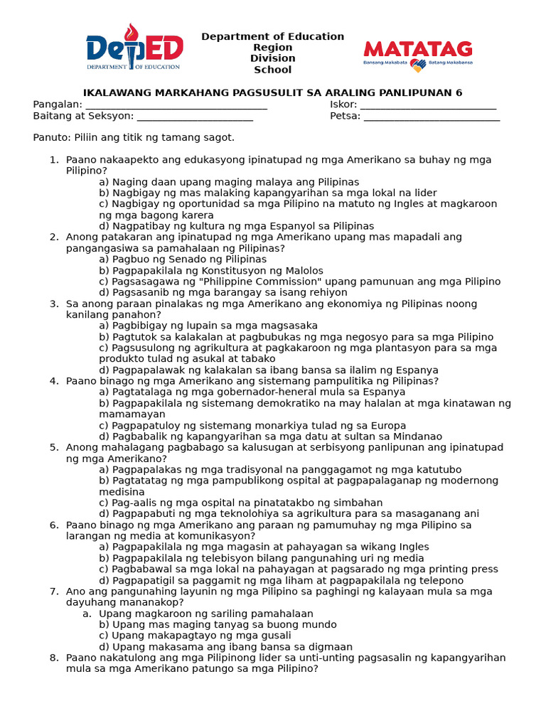Q2 G6 EXAM ARPAN | PDF