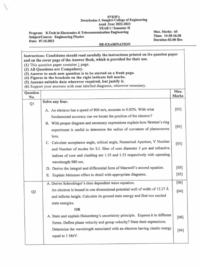 Re-Exam-Engineering Physics QP Sem II MECH EXTC CSEICB AIDS Sept 2023 ...