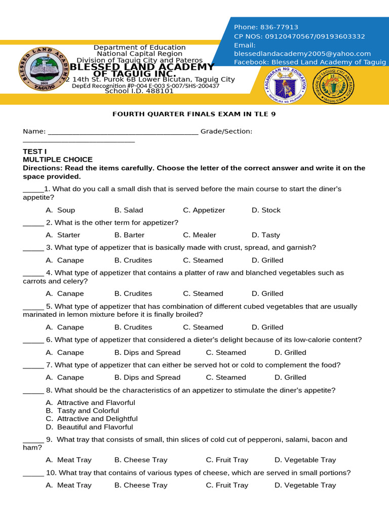 TLE 9 Finals Exam: Appetizers & Sports Lingo | PDF | Salad | Stock (Food)
