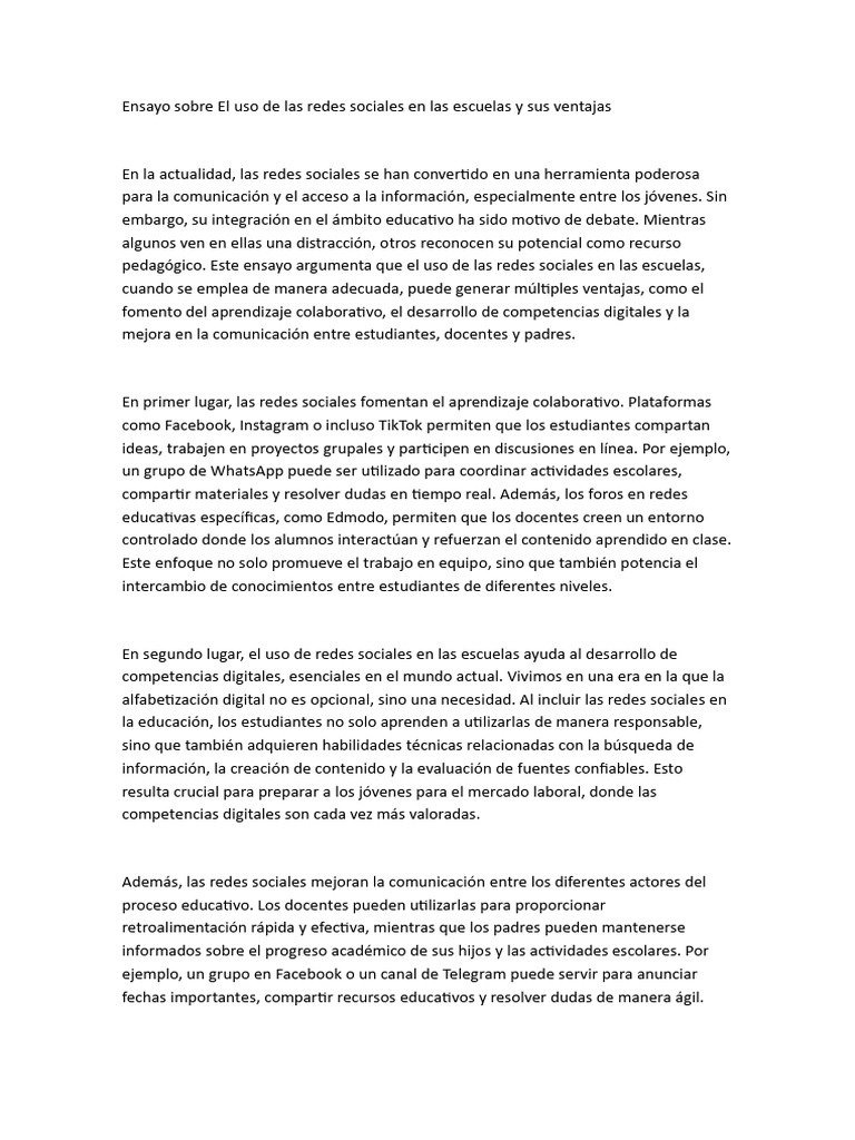 Ensayo Argumentativo | PDF | Enseñando | Servicio de redes sociales