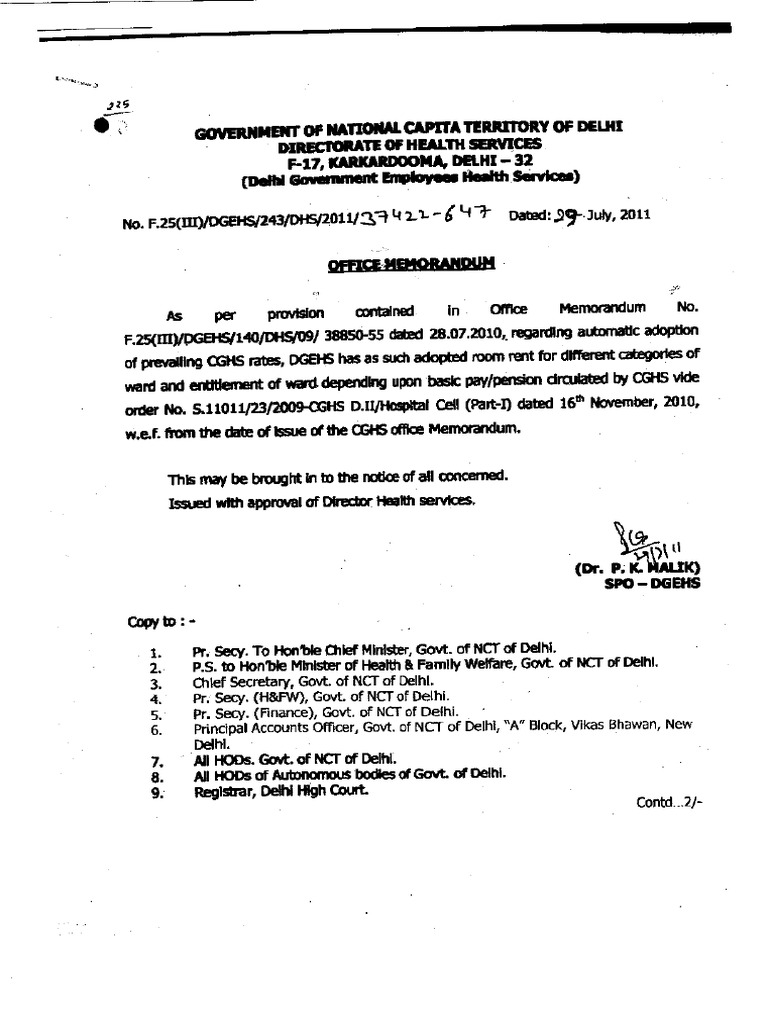 Dgehs Automatic Rate Adoption Order Endorsement of Room Rent of Cghs 29 ...