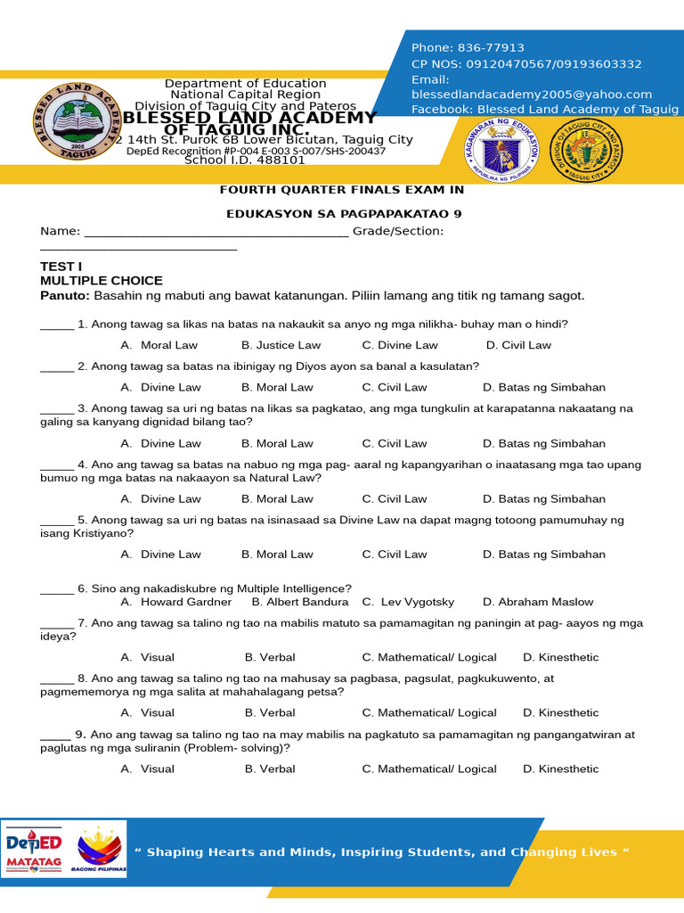 FOURTH FINALS Grade 9 ESP - Copy - Copy - Copy - Copy - Copy - 011414 | PDF