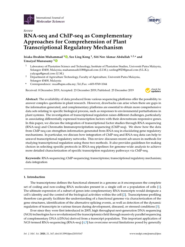 RNA-seq and ChIP-seq as Complementary Approaches for Comprehension of Plant Transcriptional ...