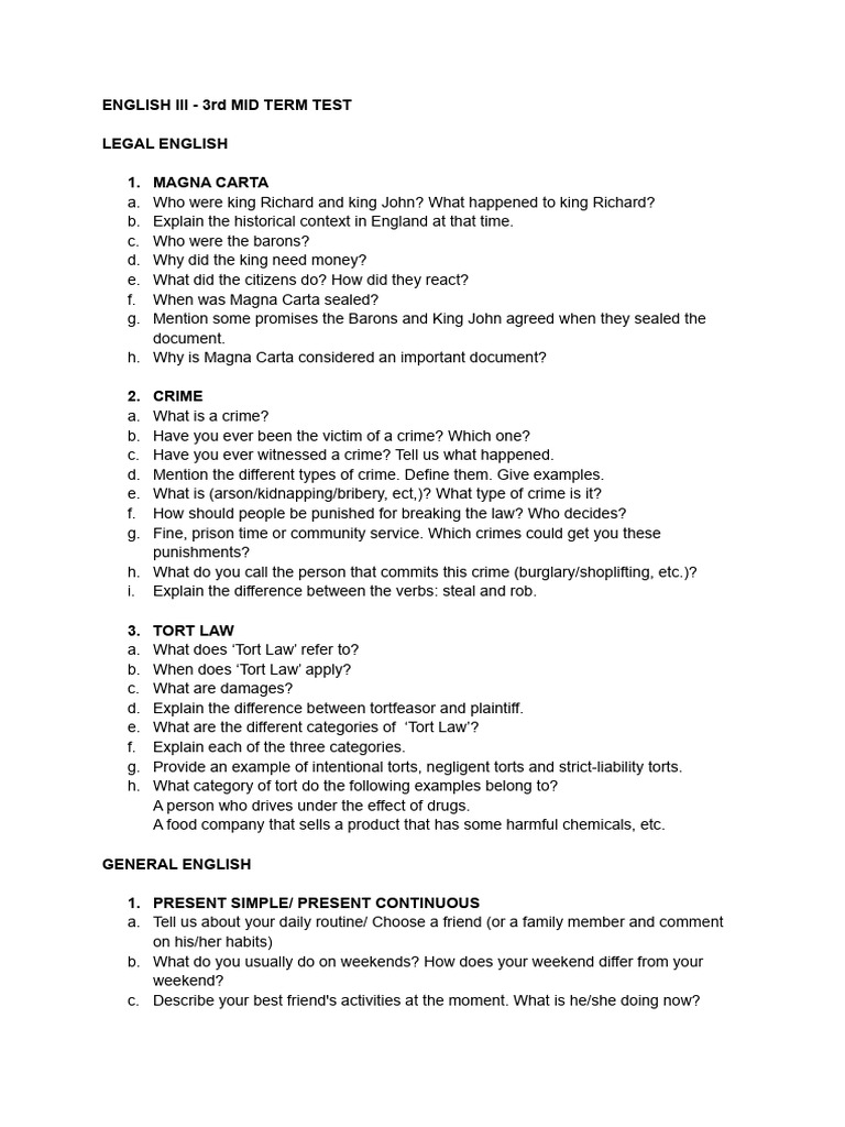 English III - 3rd Mid Term Test | PDF | Tort | Crimes