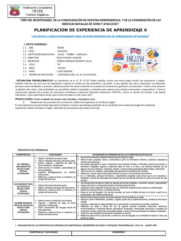 Planificacion de Experiencia de Aprendizaje 0 - de Quinto | PDF | Enseñando | Léxico