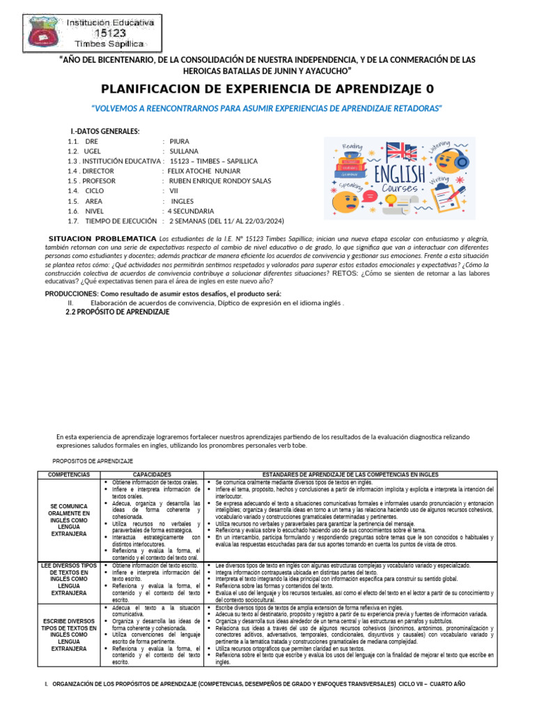 Planificacion de Experiencia de Aprendizaje 0 - de Primero | PDF | Enseñando | Experiencia