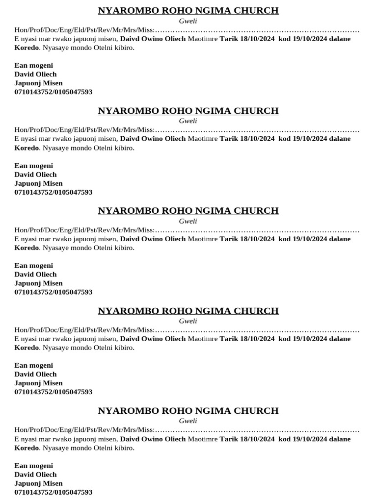 Nyarombo Roho Church Event Notice | PDF