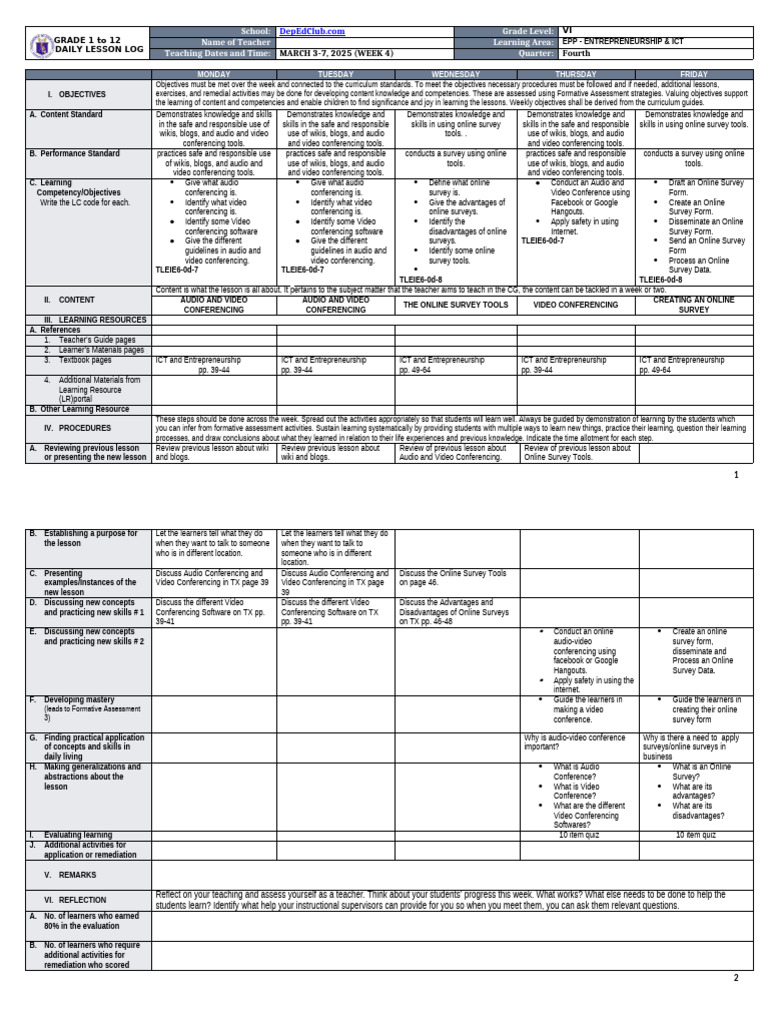 DLL - Tle Entrep & Ict 6 - Q4 - W4 | PDF | Educational Technology | Learning