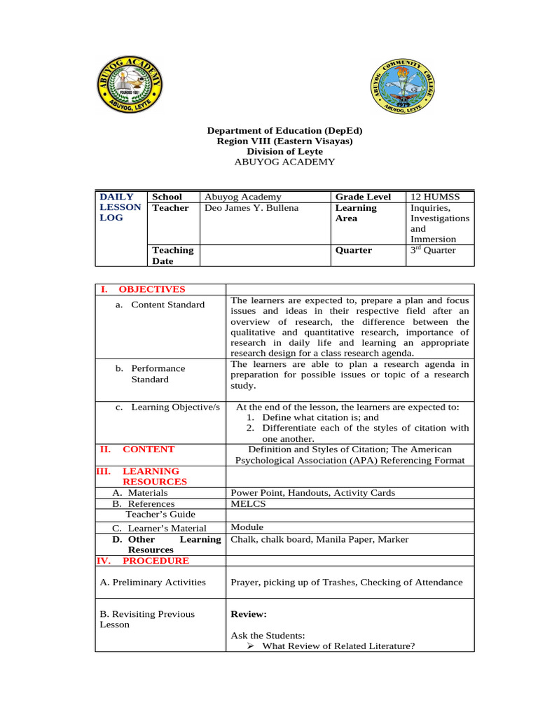 Lesson Plan On Citations (APA Focus) | PDF | Citation | Apa Style