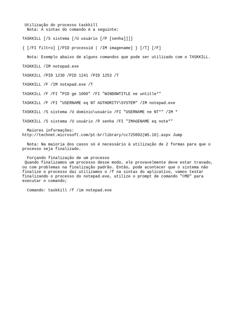 Alguns Comandos Taskkill | PDF