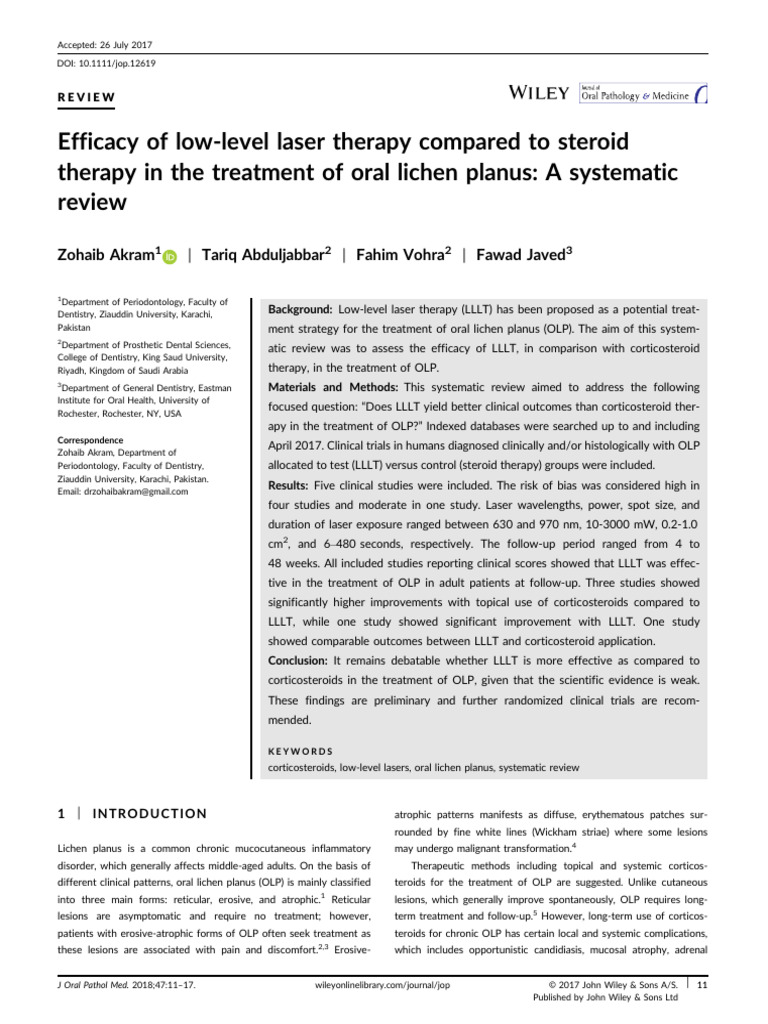 Efficacy of Low-Level Laser Therapy Compared To Steroidtherapy in The Treatment of Oral Lichen ...