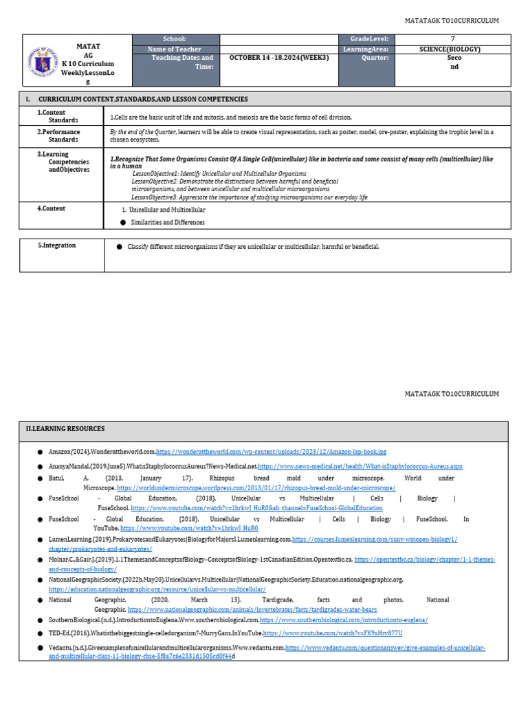 DETAILED LESSON PLAN FOR CONTROL GROUP - Edited | PDF | Microorganism ...