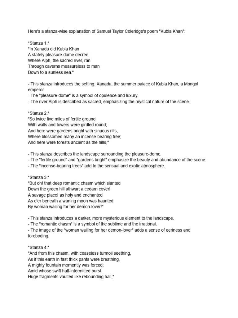 Kubla Khan: Stanza-wise Analysis | PDF