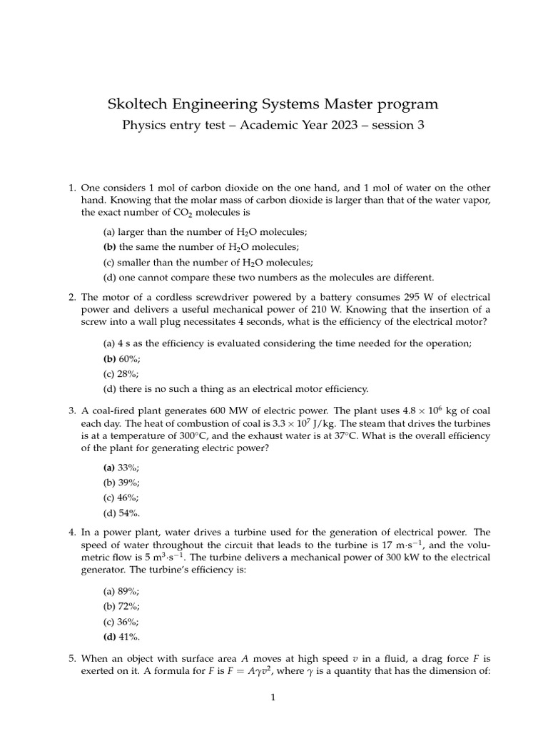 Skoltech Engineering Systems Physics Test | PDF | Engines | Force