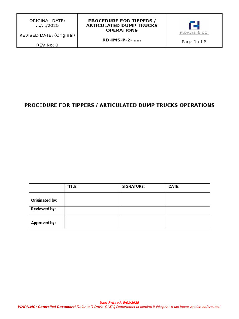 Procedures For The Operation of Tippers and Dump Trucks | PDF | Emergency | Road