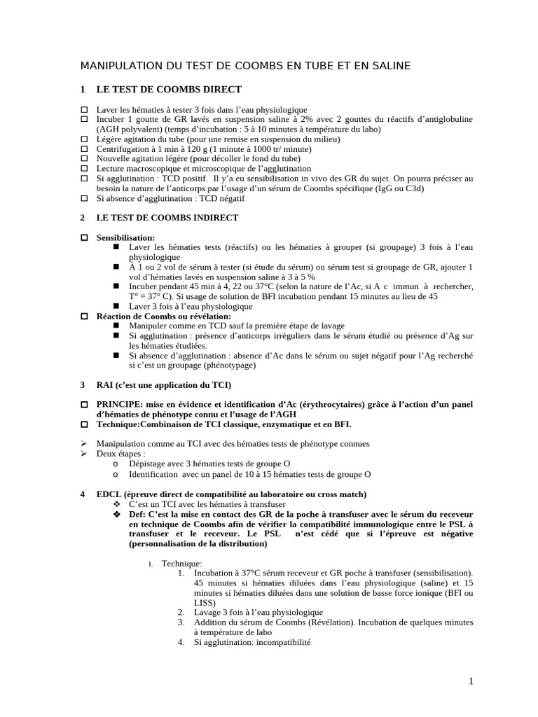 Manipulation du Test de Coombs | PDF | Tissu biologique | Examen médical