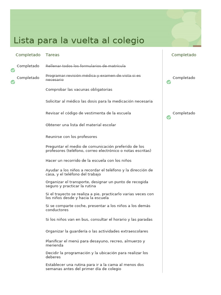 Checklist para la Vuelta al Cole | PDF