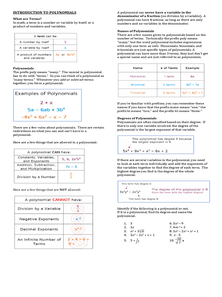 INTRODUCTION TO POLYNOMIALS | PDF | Polynomial | Arithmetic