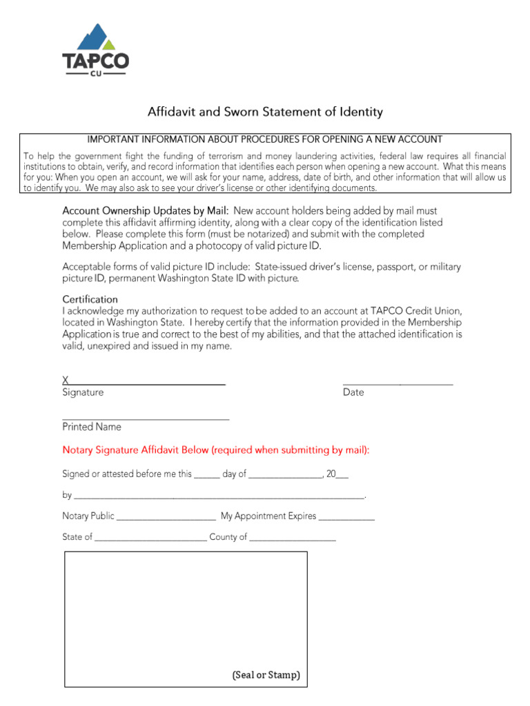 Affidavit and Sworn Statement of Identity - Adding Joint | PDF