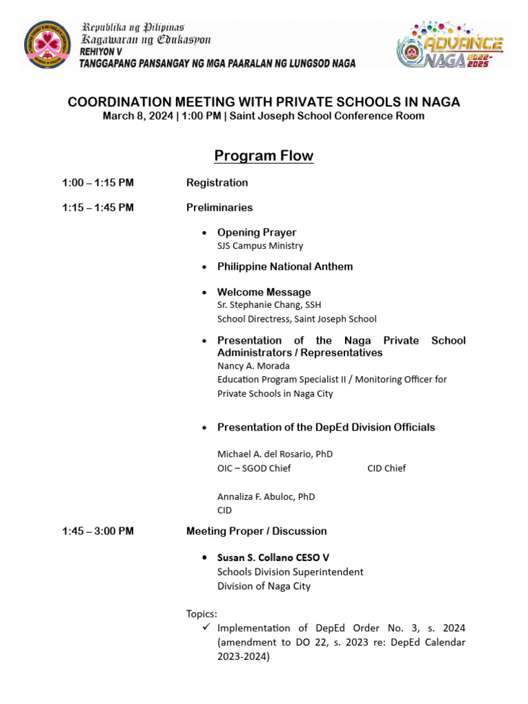Coordination Meeting With Private Schools in Naga - Final Program | PDF