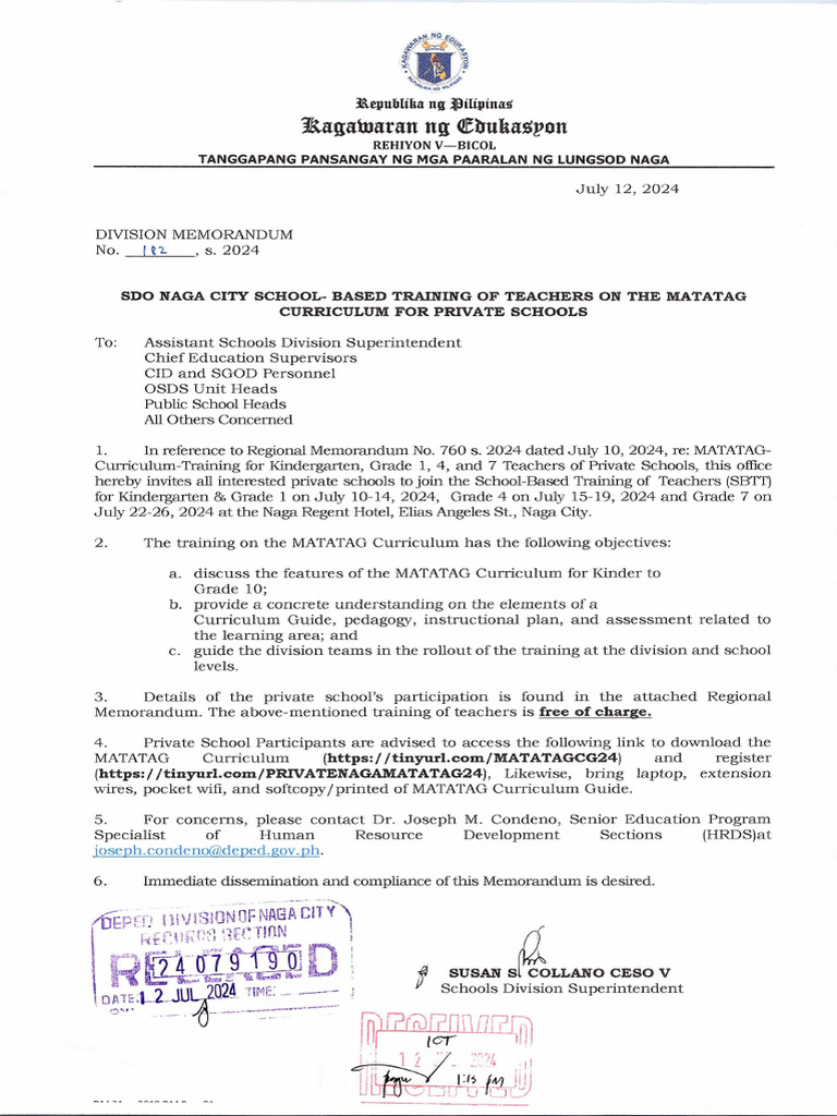 DM No. 182 S. 2024 SDO Naga City School Based Training of Teachers On ...