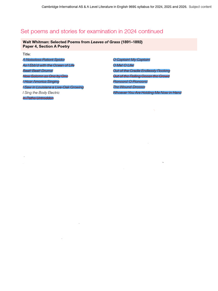 Whitman Poems for AS & A Level 2024 | PDF | Leaves Of Grass | Poetry