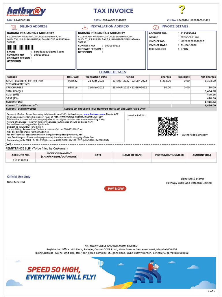 Invoice for GPON Internet Services | PDF | Payments | Invoice