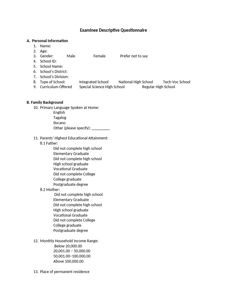 2024.11 Examinee Descriptive Questionnaire Grade 10 1 | PDF | Schools ...