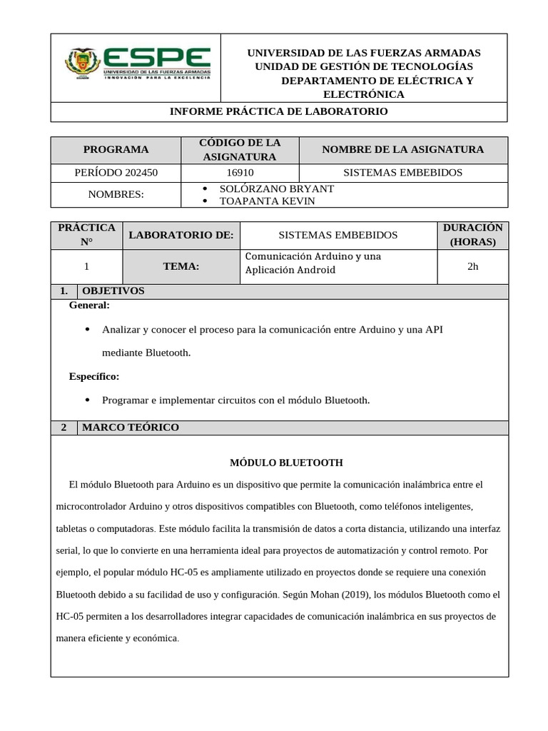 Informe 3.1 Bluetooth y Arduino - Solórzano-Toapanta | PDF | Entorno de desarrollo integrado ...