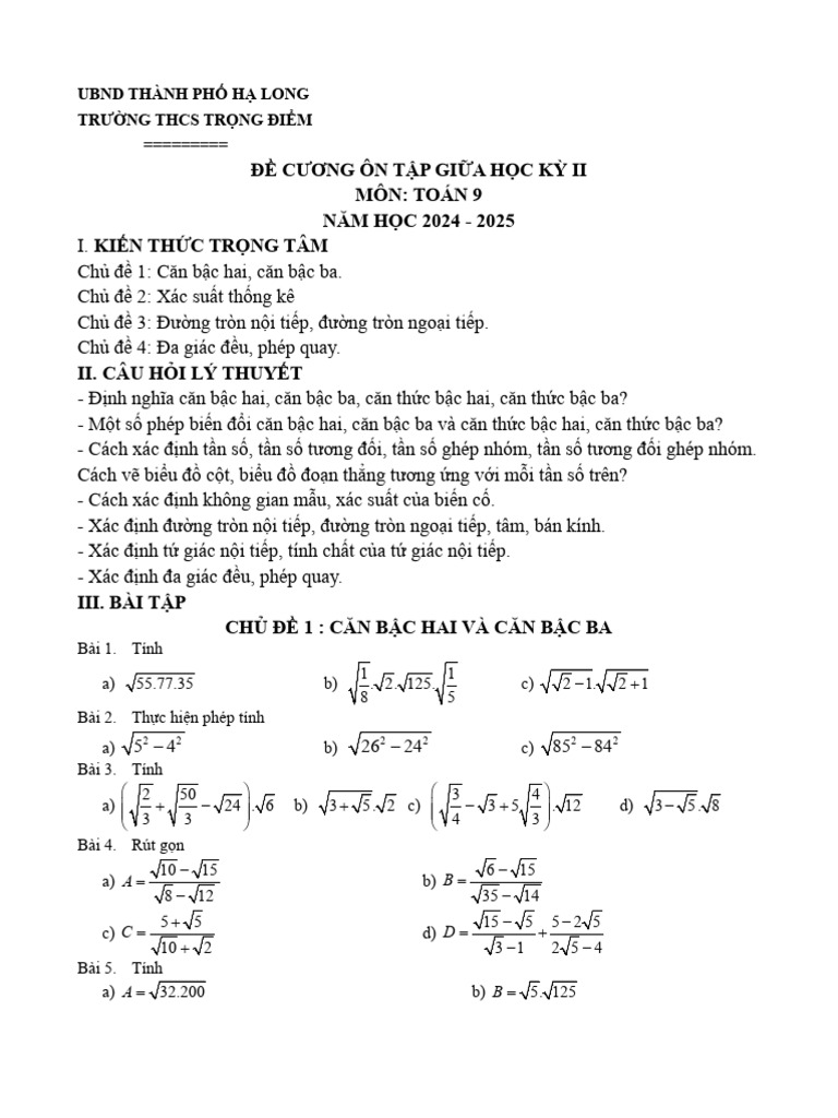 De Cuong Giua Ky 2 Toan 9 Nam 2024 2025 Truong Thcs Trong Diem Quang Ninh | PDF